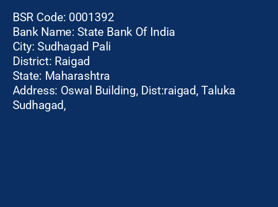 BSR Code 0001392 of State Bank Of India in Raigad District, Maharashtra ...