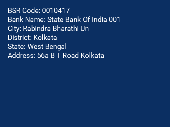 BSR Code 0010417 of State Bank Of India 001 in Kolkata District, West ...