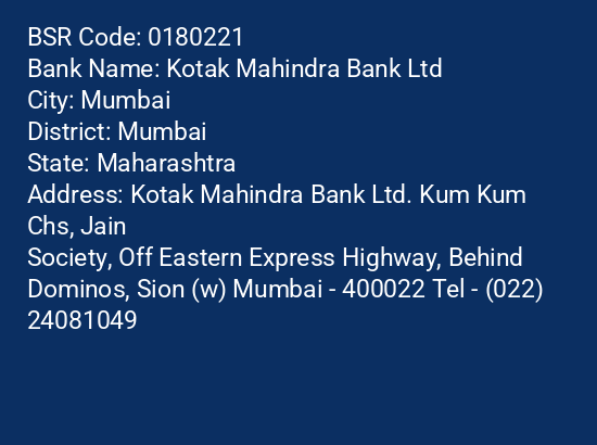 BSR Code 0180221 of Kotak Mahindra Bank Ltd in Mumbai District ...