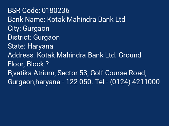 BSR Code 0180236 of Kotak Mahindra Bank Ltd in Gurgaon City Gurgaon ...