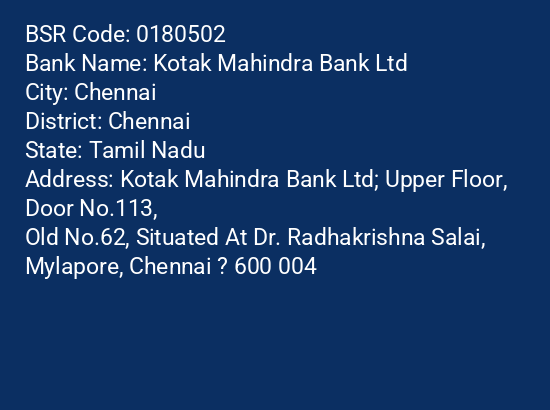 BSR Code 0180502 of Kotak Mahindra Bank Ltd in Chennai City Chennai ...