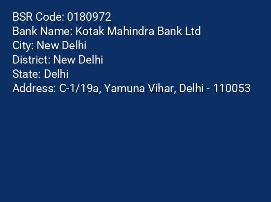 BSR Code 0180972 of Kotak Mahindra Bank Ltd in New Delhi City New Delhi ...