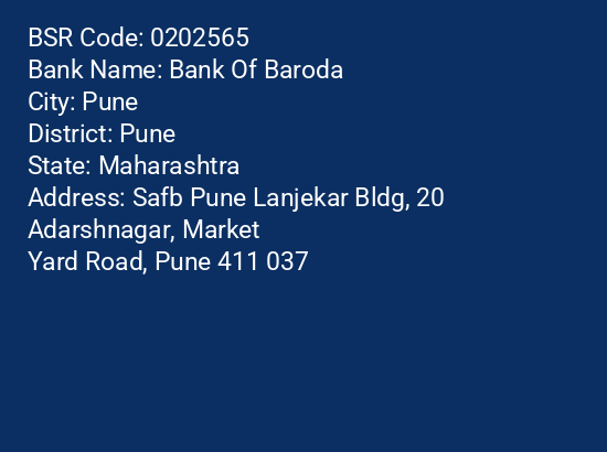 BSR Code 0202565 of Bank Of Baroda in Pune City Pune District, Maharashtra