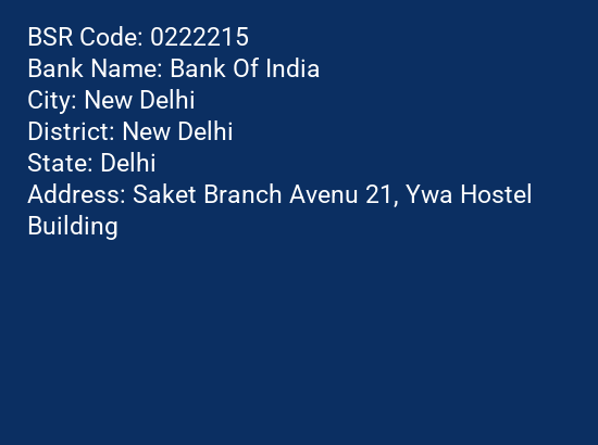 BSR Code 0222215 of Bank Of India in New Delhi City New Delhi District ...