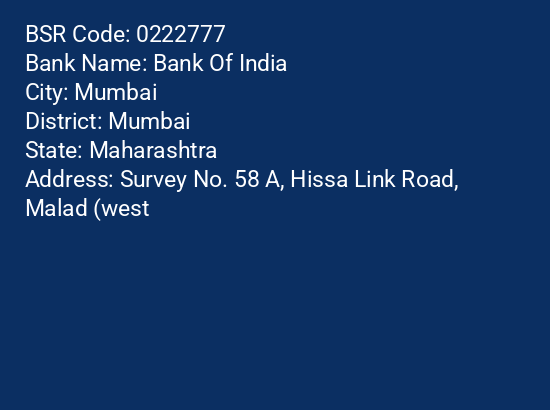 BSR Code 0222777 of Bank Of India in Mumbai City Mumbai District ...