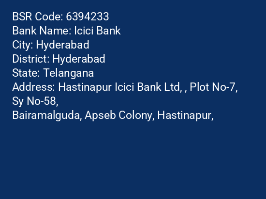 BSR Code 6394233 of Icici Bank in Hyderabad City Hyderabad District ...