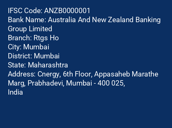 Australia And New Zealand Banking Group Limited Rtgs Ho Branch, Branch ...