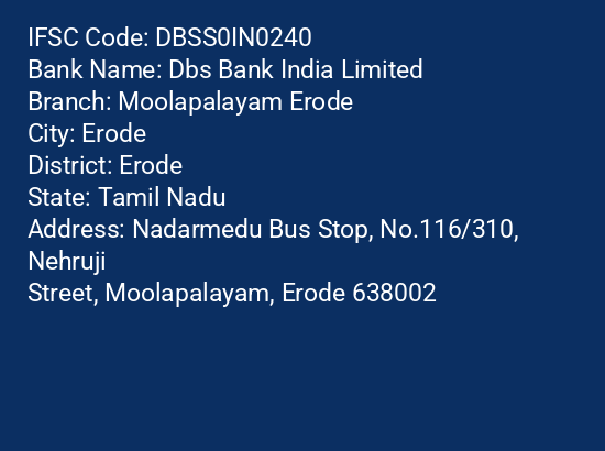 Dbs Bank India Moolapalayam Erode, Erode IFSC Code DBSS0IN0240