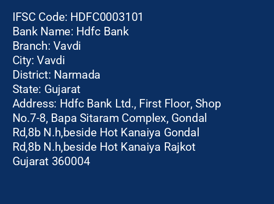 Hdfc Bank Vavdi Branch, Branch Code 003101 & IFSC Code HDFC0003101
