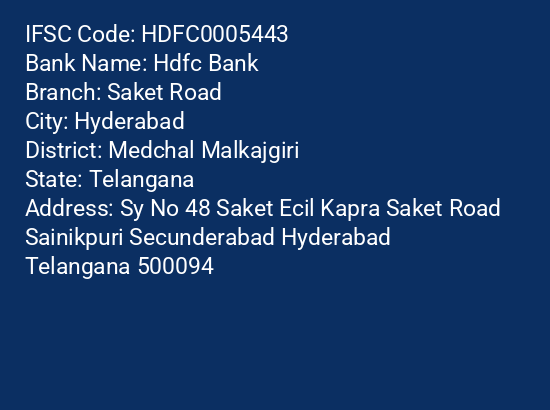 Hdfc Bank Saket Road Branch, Branch Code 005443 & IFSC Code HDFC0005443