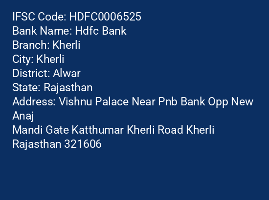 Hdfc Bank Kherli, Alwar IFSC Code HDFC0006525