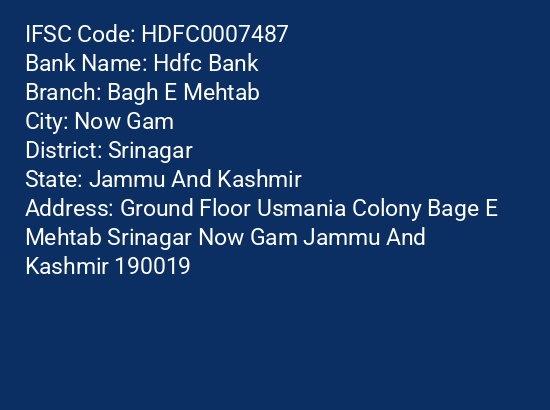 Hdfc Bank Bagh E Mehtab, Srinagar IFSC Code HDFC0007487