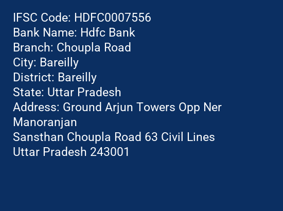 Hdfc Bank Choupla Road Branch, Branch Code 007556 & IFSC Code Hdfc0007556