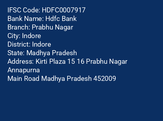 Hdfc Bank Prabhu Nagar Branch, Branch Code 007917 & IFSC Code Hdfc0007917