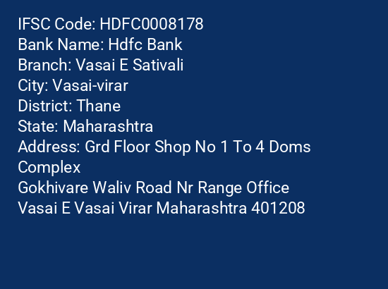 Hdfc Bank Vasai E Sativali Branch, Branch Code 008178 & IFSC Code ...