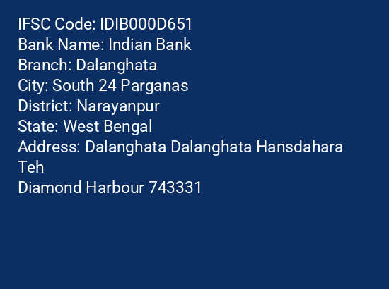IFSC Code IDIB000D651 Indian Bank, Dalanghata, South 24 Parganas, West ...