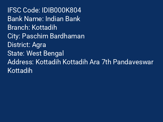 IFSC Code of Indian Bank Kottadih - IDIB000K804