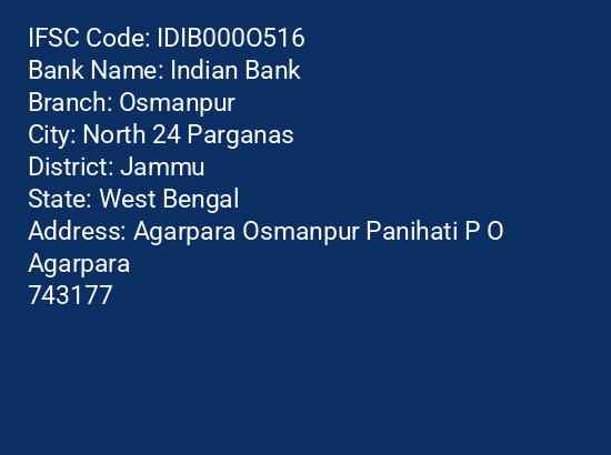 IFSC Code of Indian Bank Osmanpur - IDIB000O516