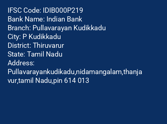 IFSC Code IDIB000P219 Indian Bank, Pullavarayan Kudikkadu, P Kudikkadu ...