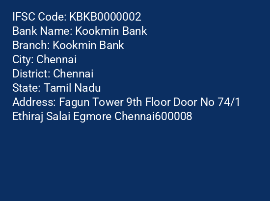 Kookmin Bank Kookmin Bank Branch, Branch Code 000002 & IFSC Code ...