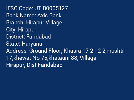 IFSC Code UTIB0005127 Axis Bank, Hirapur Village, Hirapur, Haryana