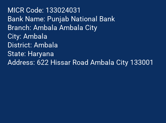 MICR Code 133024031 of Punjab National Bank Ambala Ambala City, Ambala ...