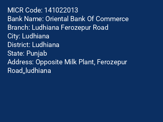 MICR Code 141022013 of Oriental Bank Of Commerce Ludhiana Ferozepur ...