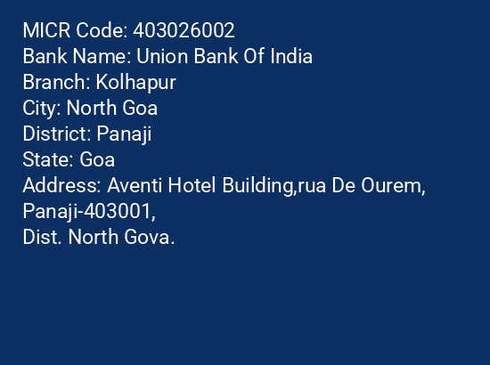 Union Bank Of India Kolhapur Branch Address Details and MICR Code 403026002