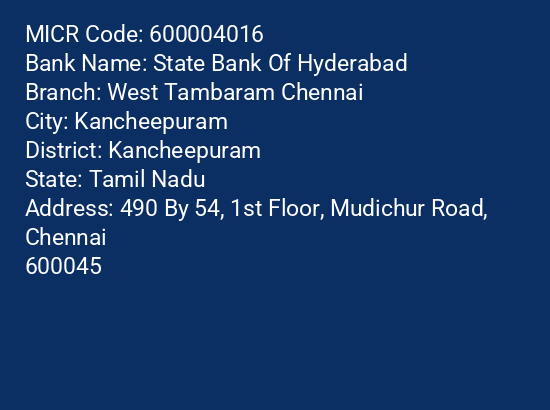 State Bank Of Hyderabad West Tambaram Chennai Branch Address Details ...